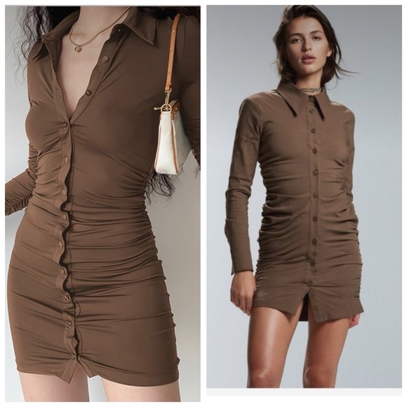 Zara | Dresses | Zara Brown Long Sleeve Ruched Dress | Poshmark